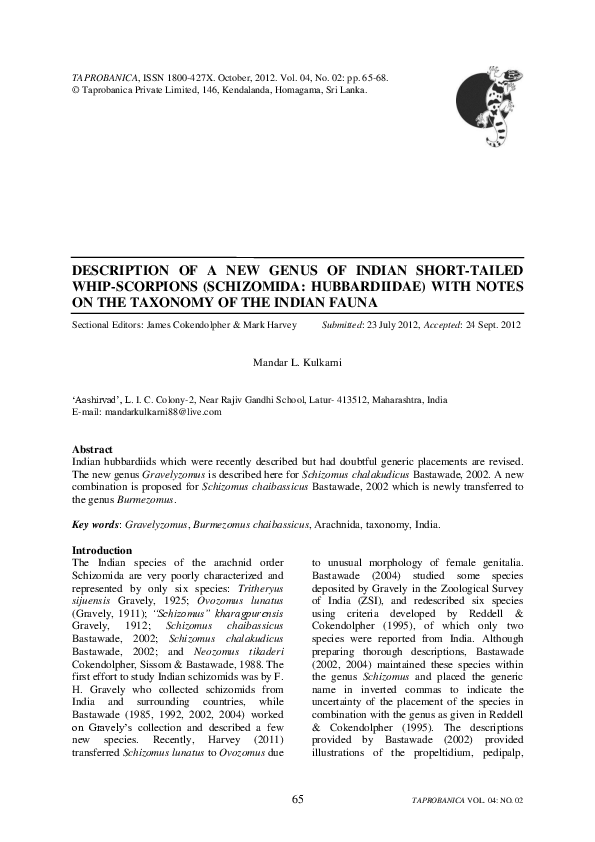 (PDF) Description of a new genus of Indian short-tailed whip-scorpions ...