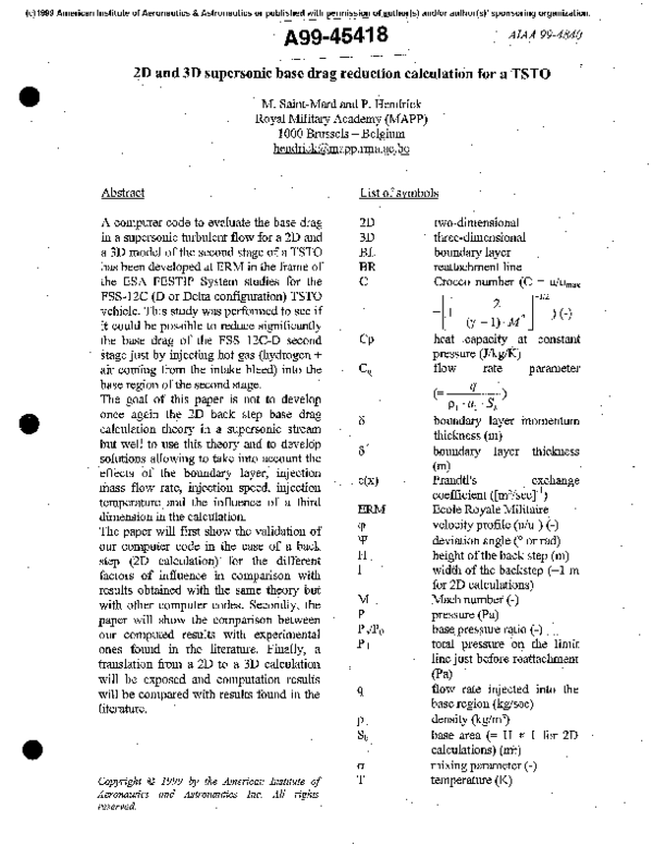 (PDF) 2D and 3D supersonic base drag reduction calculation for a TSTO