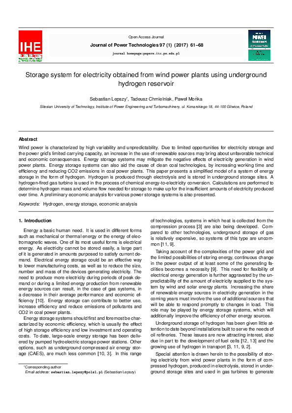 (PDF) Storage system for electricity obtained from wind power plants using underground hydrogen ...