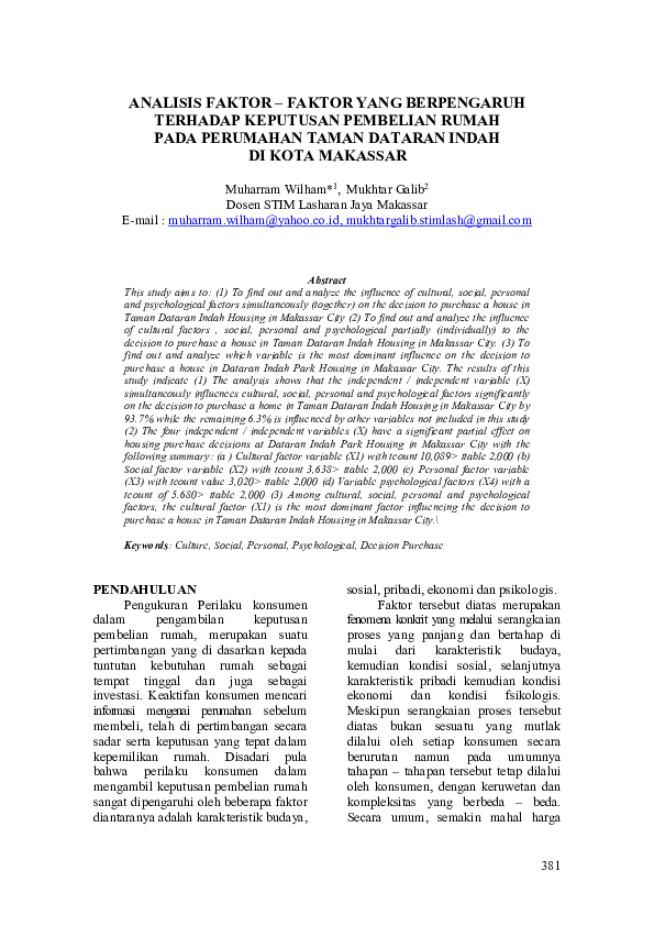 (PDF) Analisis Faktor – Faktor Yang Berpengaruh Terhadap Keputusan Pembelian Rumah Pada ...