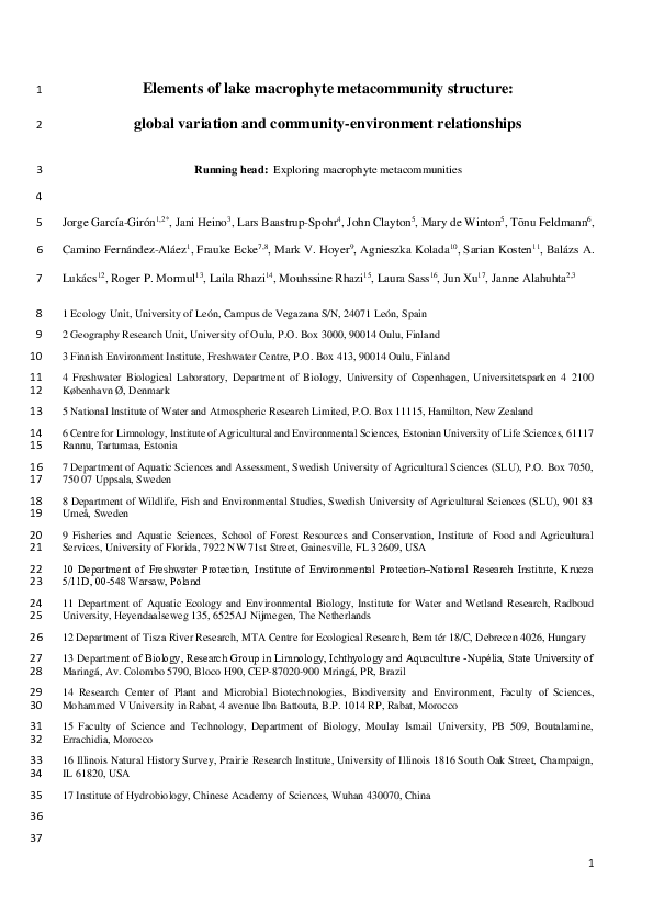Pdf Elements Of Lake Macrophyte Metacommunity Structure Global