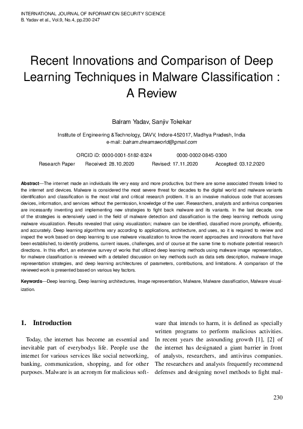 Pdf Recent Innovations And Comparison Of Deep Learning Techniques In Malware Classification
