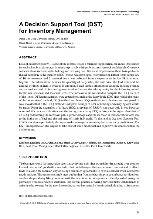 (PDF) A Decision Support Tool (DST) for Inventory Management