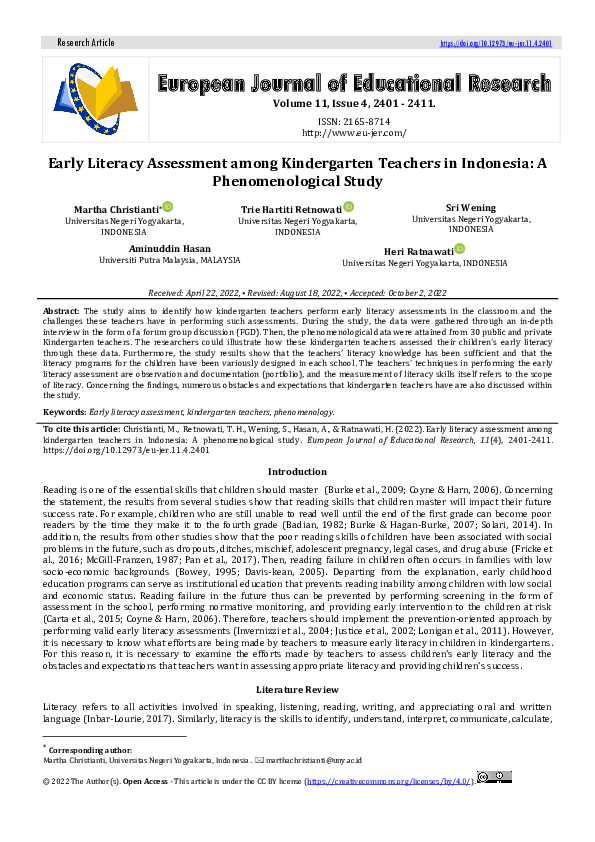 (PDF) Early Literacy Assessment among Kindergarten Teachers in ...