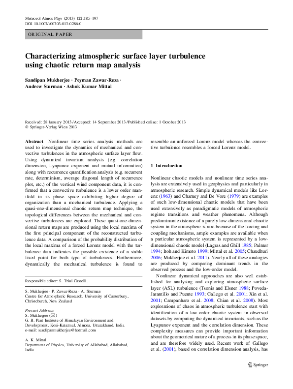 Pdf Characterizing Atmospheric Surface Layer Turbulence Using Chaotic Return Map Analysis