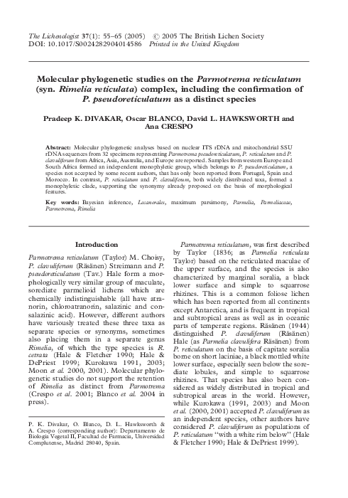 (PDF) Molecular phylogenetic studies on the Parmotrema reticulatum (syn ...