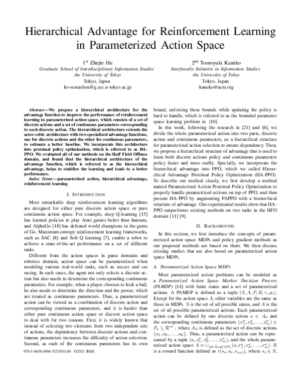 Pdf Hierarchical Advantage For Reinforcement Learning In Parameterized Action Space