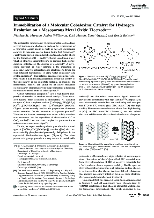 (PDF) Immobilization of a Molecular Cobaloxime Catalyst for Hydrogen ...