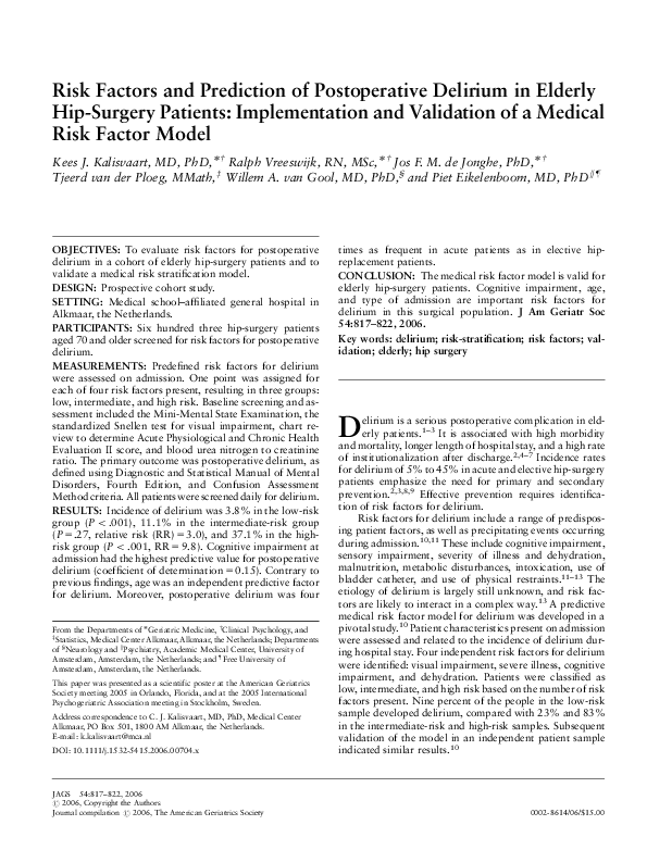 (PDF) Risk Factors and Prediction of Postoperative Delirium in Elderly ...