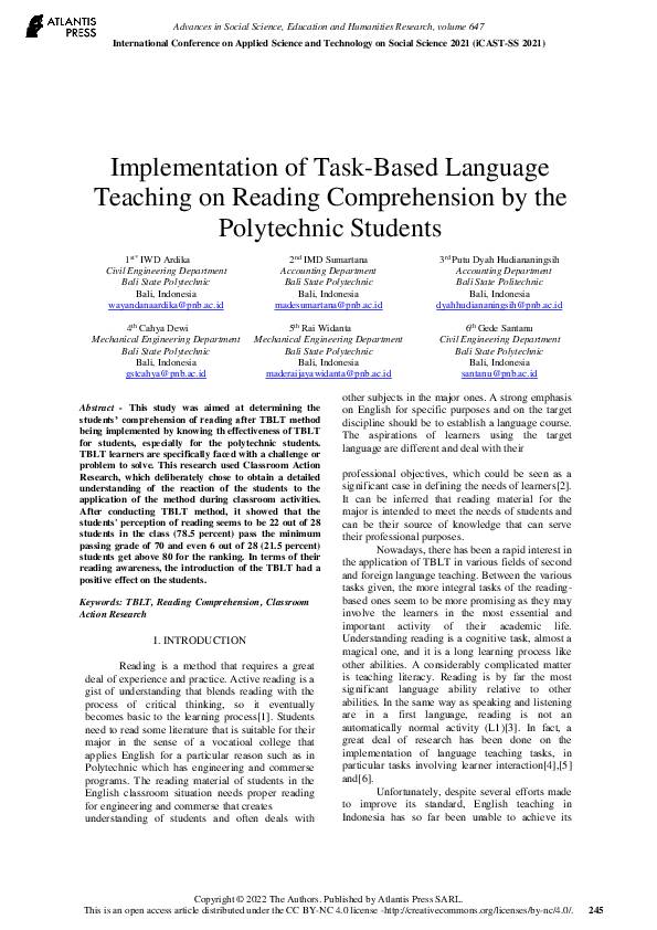 Pdf Implementation Of Task Based Language Teaching On Reading