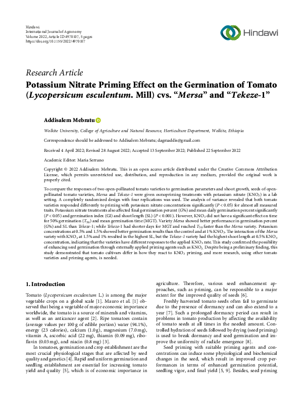 (PDF) Potassium Nitrate Priming Effect on the Germination of Tomato (Lycopersicum esculentum ...