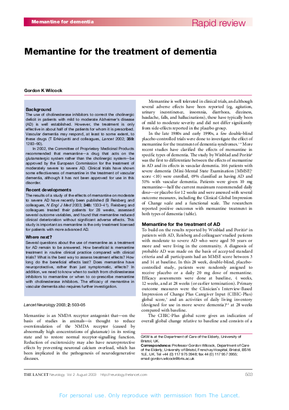 (PDF) Memantine for the treatment of dementia