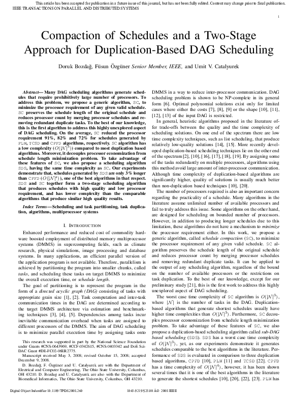 Pdf Compaction Of Schedules And A Two Stage Approach For Duplication Based Dag Scheduling