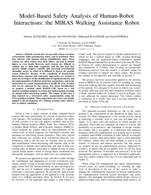 Model-based safety analysis of human-robot interactions: The MIRAS walking assistance robot