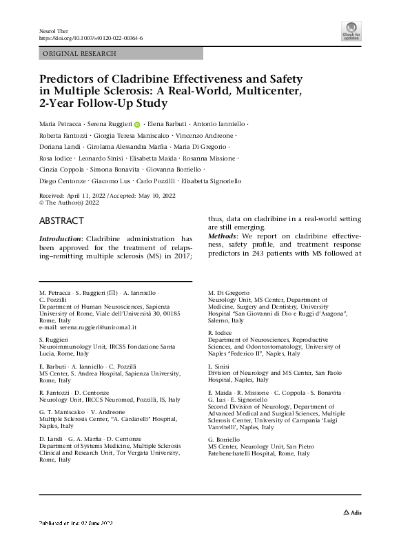 (PDF) Predictors of Cladribine Effectiveness and Safety in Multiple Sclerosis: A Real-World ...