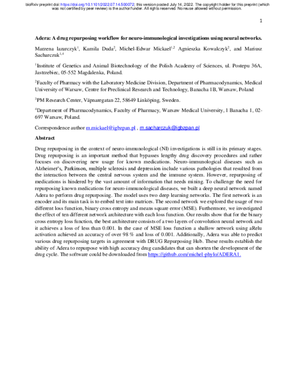 (PDF) Adera: A drug repurposing workflow for neuro-immunological ...