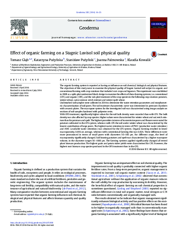 (PDF) Effect of organic farming on a Stagnic Luvisol soil physical quality
