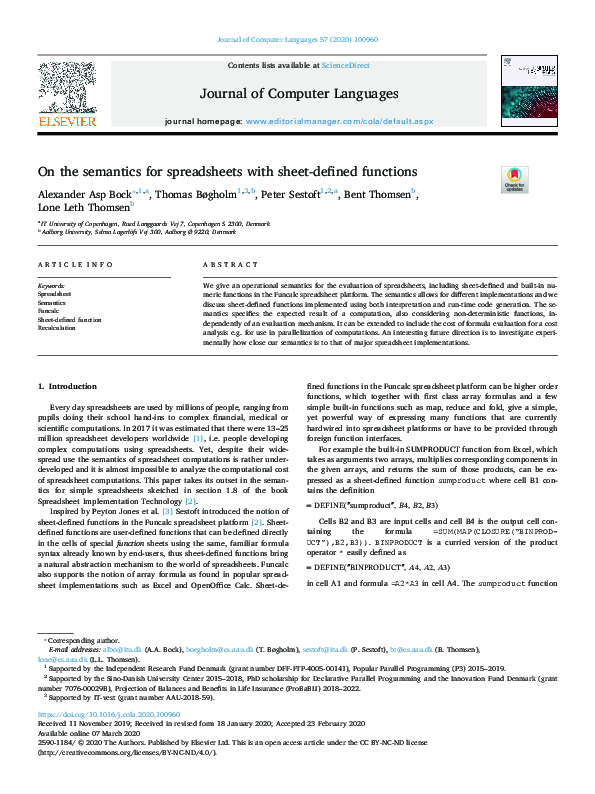 Pdf On The Semantics For Spreadsheets With Sheet Defined Functions