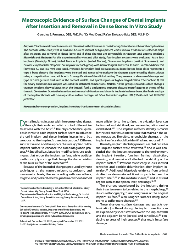 (PDF) Macroscopic Evidence of Surface Changes of Dental Implants After ...