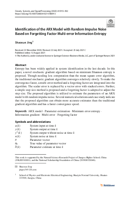 Pdf Identification Of The Arx Model With Random Impulse Noise Based On Forgetting Factor Multi 