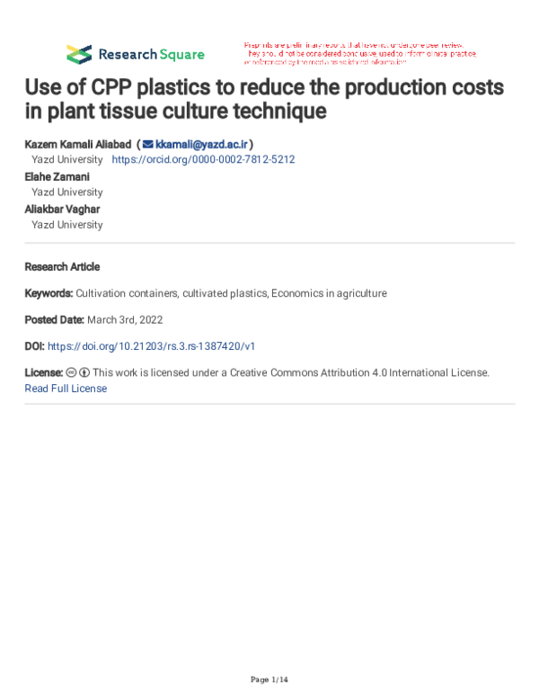(PDF) Use of CPP plastics to reduce the production costs in plant tissue culture technique