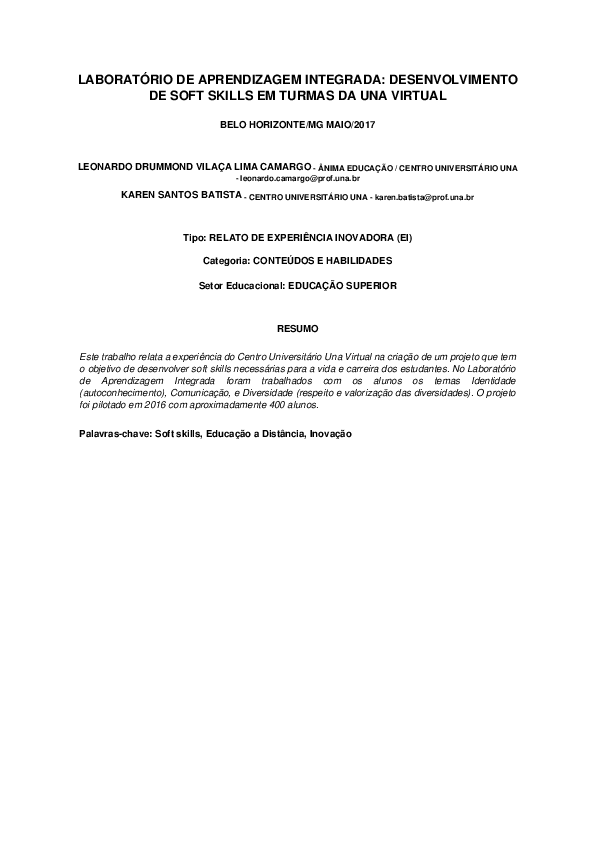 (PDF) Laboratório De Aprendizagem Integrada: Desenvolvimento De Soft Skills Em Turmas Da Una Virtual
