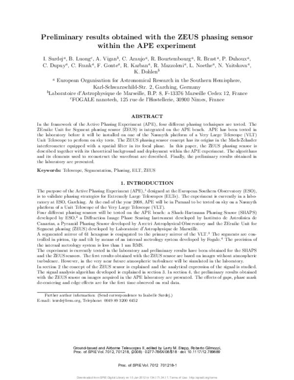 (PDF) Preliminary results obtained with the ZEUS phasing sensor within the APE experiment