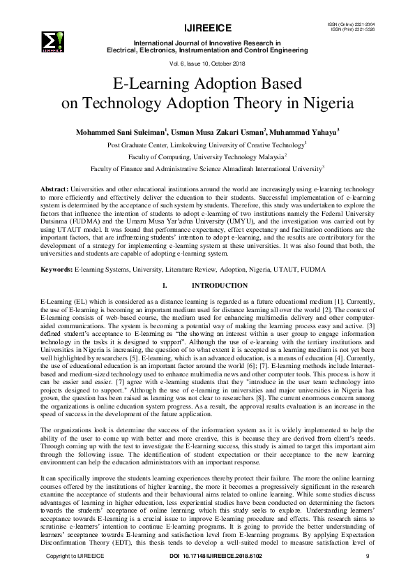 (PDF) E-Learning Adoption Based on Technology Adoption Theory in Nigeria