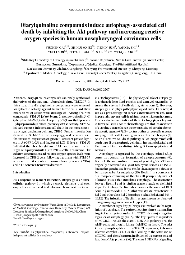 (PDF) Diarylquinoline compounds induce autophagy-associated cell death ...