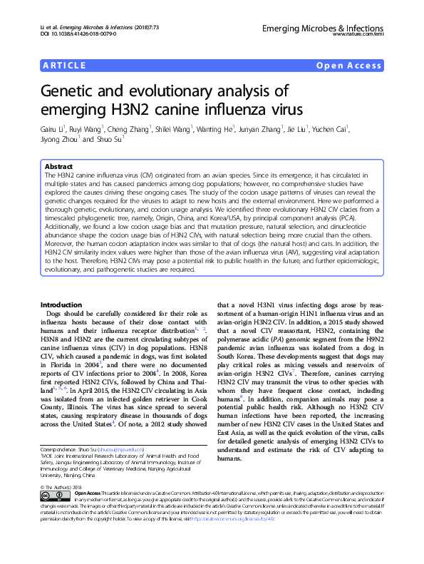 (PDF) Genetic and evolutionary analysis of emerging H3N2 canine influenza virus