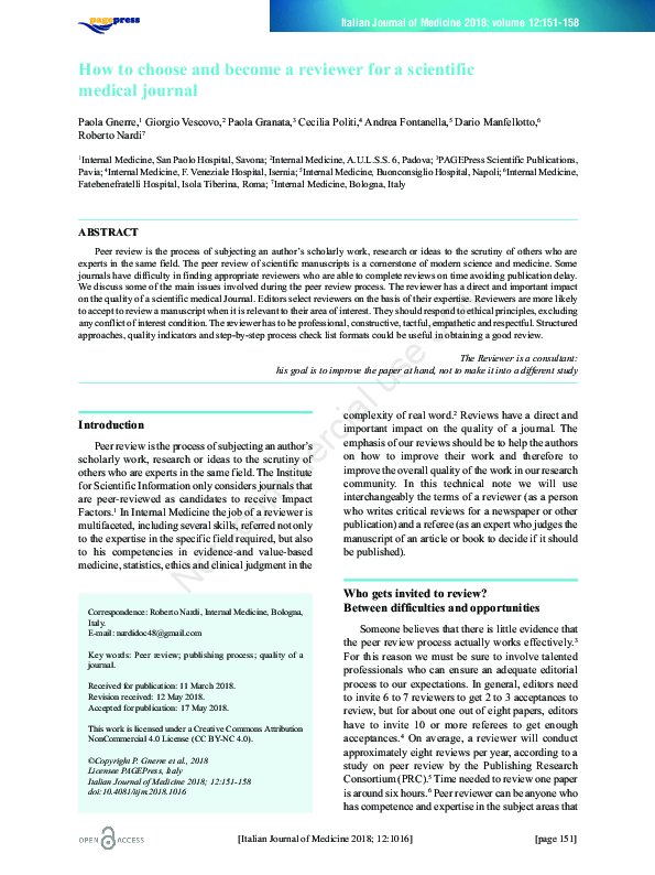 (PDF) How to choose and become a reviewer for a scientific medical journal