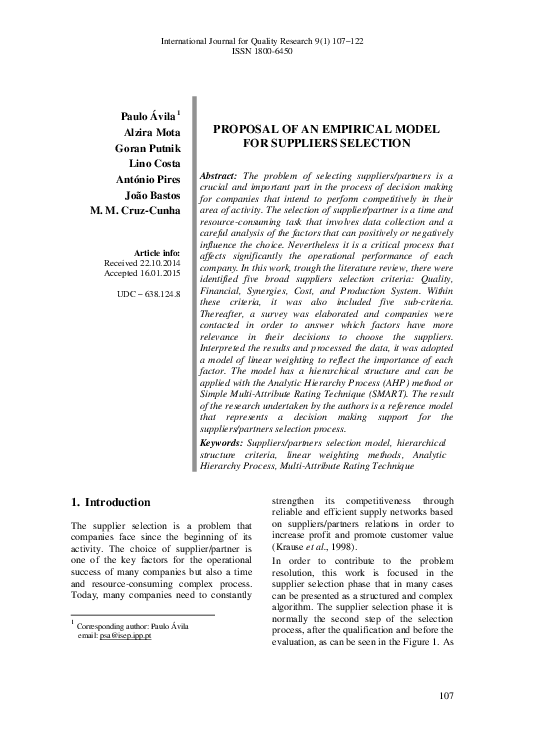 Pdf Proposal Of An Empirical Model For Suppliers Selection