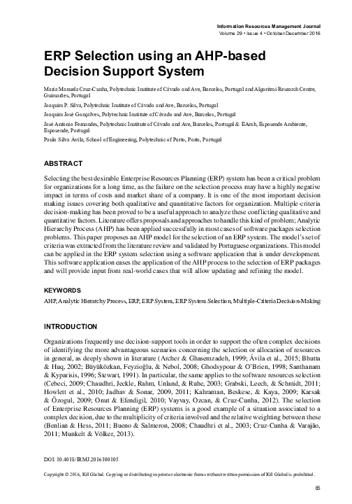 Pdf Erp Selection Using An Ahp Based Decision Support System
