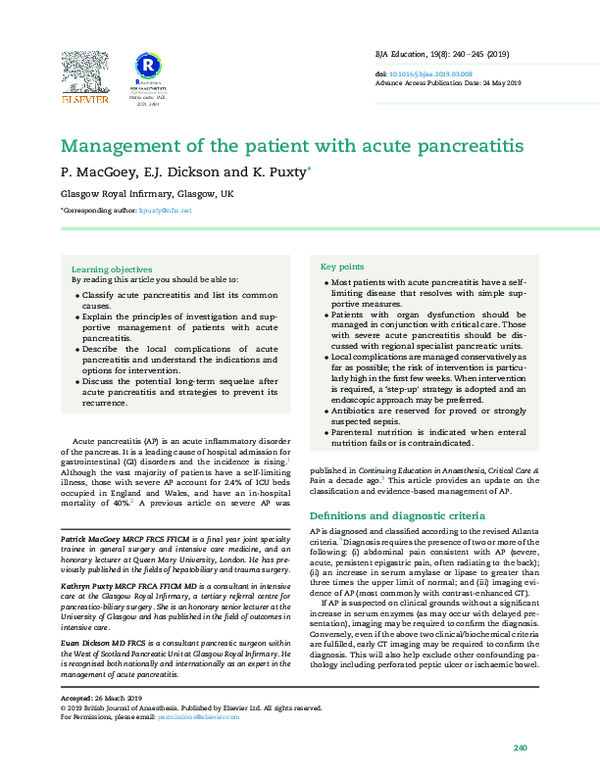 (PDF) Management of the patient with acute pancreatitis