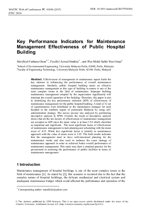 (PDF) Key Performance Indicators for Maintenance Management Effectiveness of Public Hospital ...
