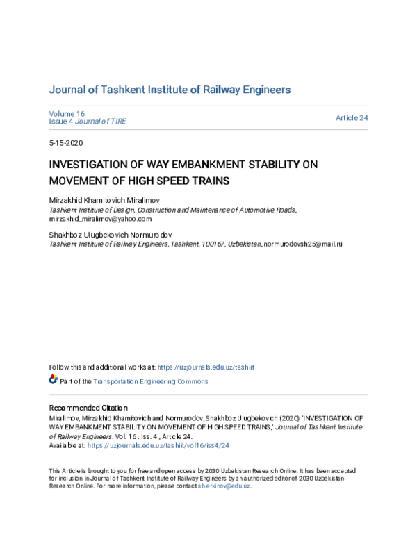(PDF) Investigation of Way Embankment Stability on Movement of High ...