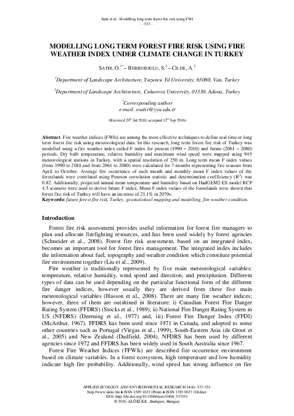 (PDF) Modelling Long Term Forest Fire Risk Using Fire Weather Index Under Climate Change in ...