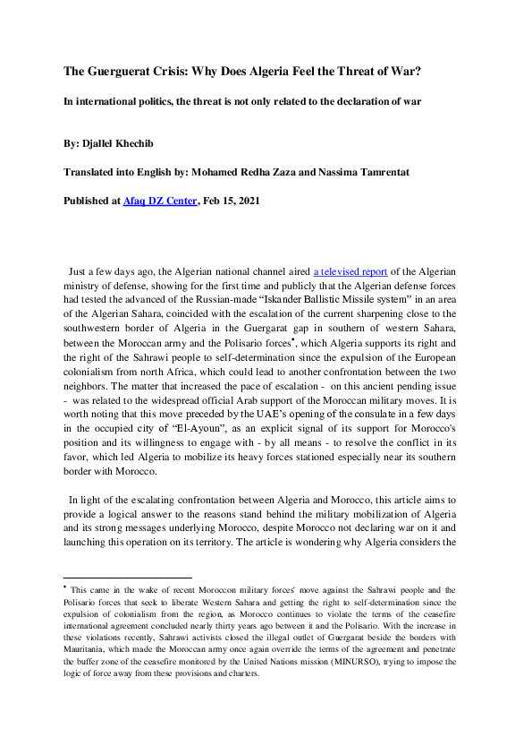 (PDF) The Guerguerat Crisis: Why Does Algeria Feel the Threat of War?