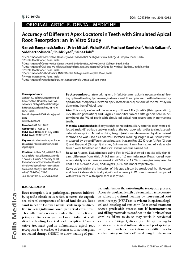 Pdf Accuracy Of Different Apex Locators In Teeth With Simulated Apical Root Resorption An In