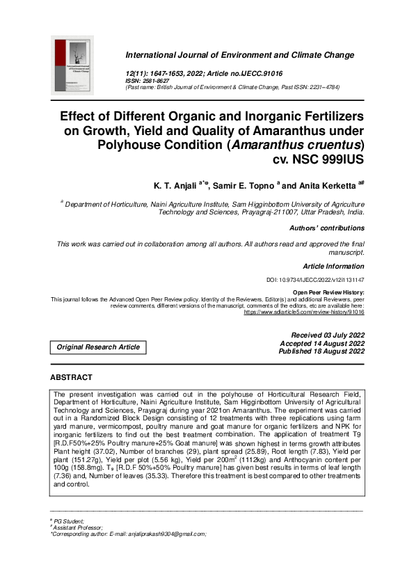 (PDF) Effect of Different Organic and Inorganic Fertilizers on Growth, Yield and Quality of ...