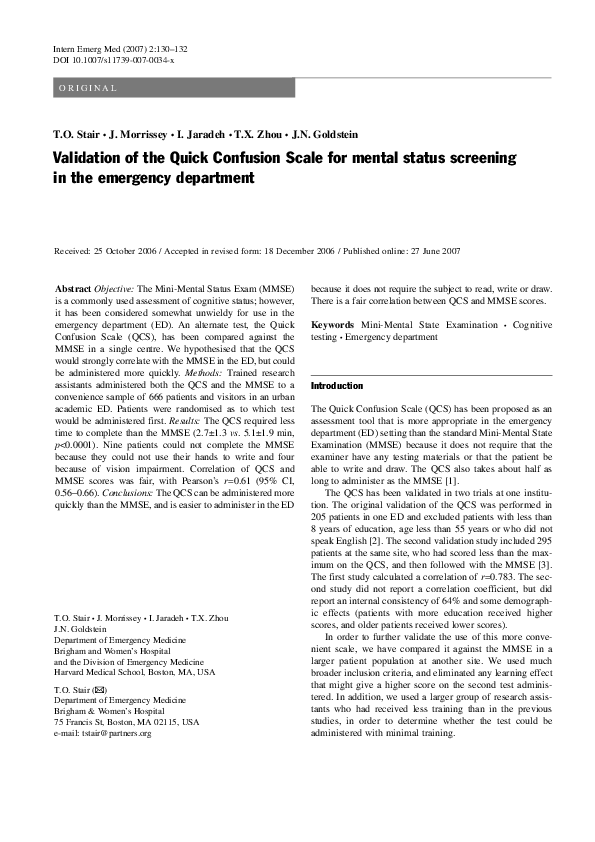 (PDF) Validation of the Quick Confusion Scale for mental status ...
