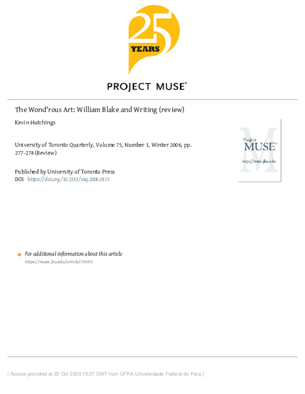 (PDF) The Wond'rous Art: William Blake and Writing (review)