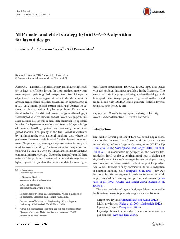 (PDF) MIP model and elitist strategy hybrid GA–SA algorithm for layout design | jerin leno ...