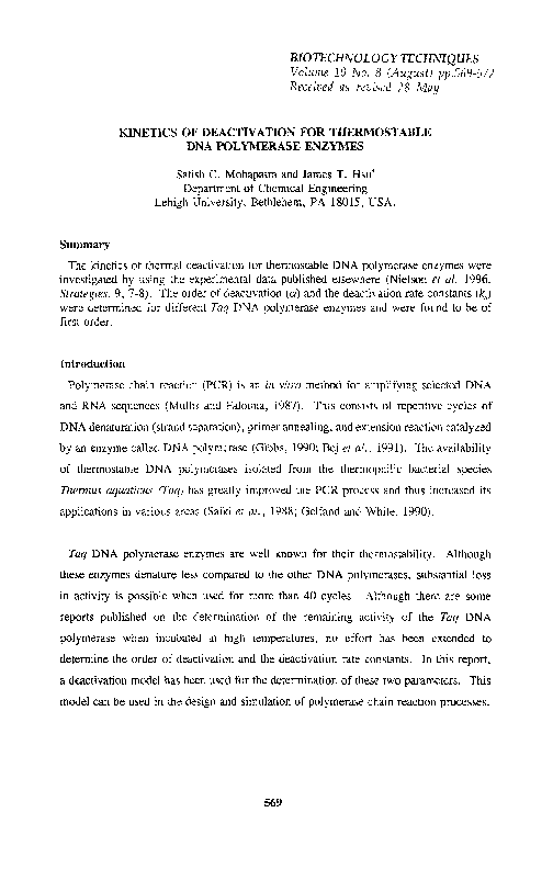 (PDF) Kinetics of deactivation for thermostable DNA polymerase enzymes