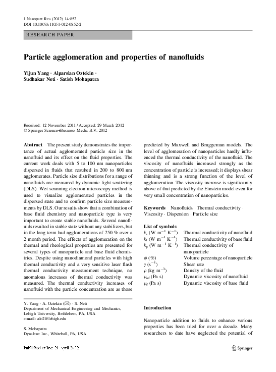 (PDF) Particle agglomeration and properties of nanofluids