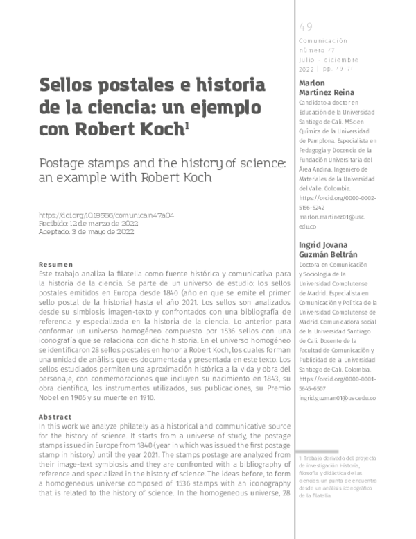 (PDF) Sellos postales e historia de la ciencia: un ejemplo con Robert Koch