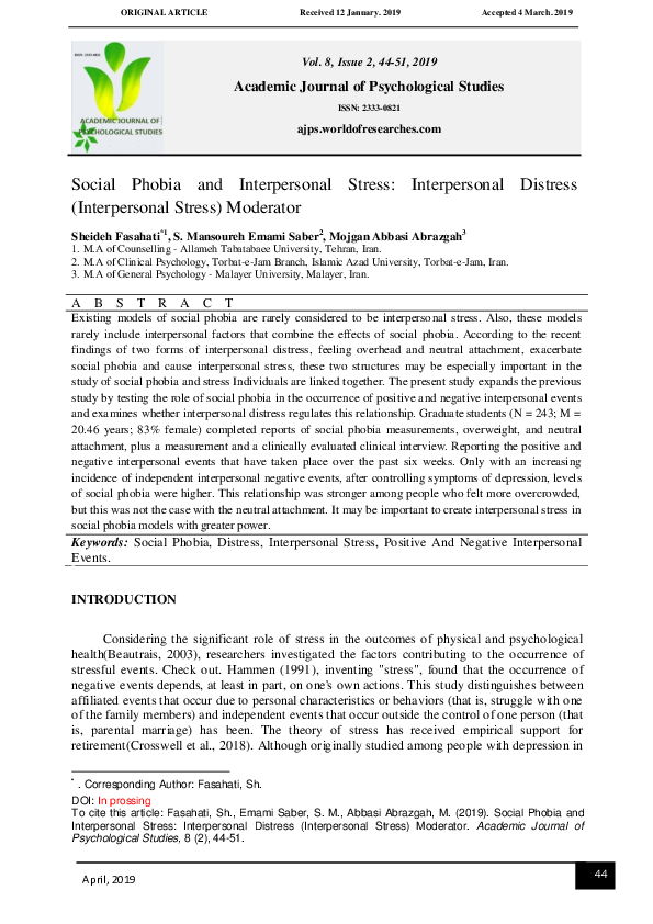 (PDF) Social Phobia and Interpersonal Stress: Interpersonal Distress ...