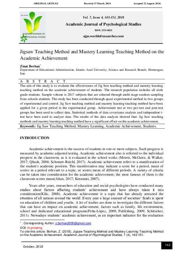 Pdf Jigsaw Teaching Method And Mastery Learning Teaching Method On