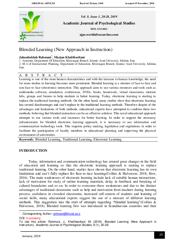 (PDF) Blended Learning (New Approach in Instruction)