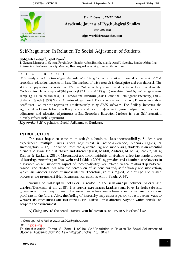 (PDF) Self-Regulation In Relation To Social Adjustment of Students